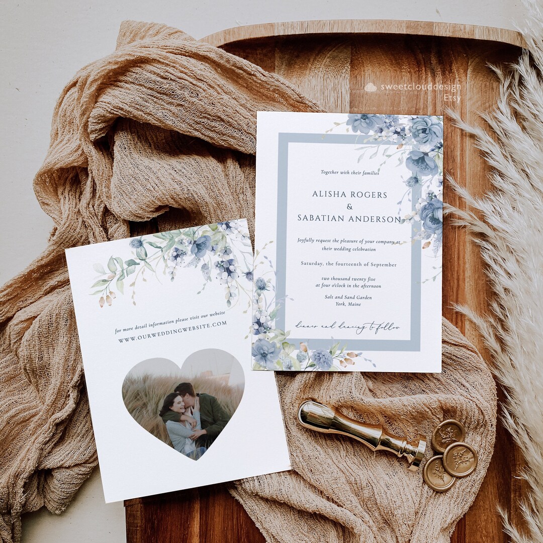 Dusty Blue Wedding Invitation Template Steel Blue Floral Wedding ...