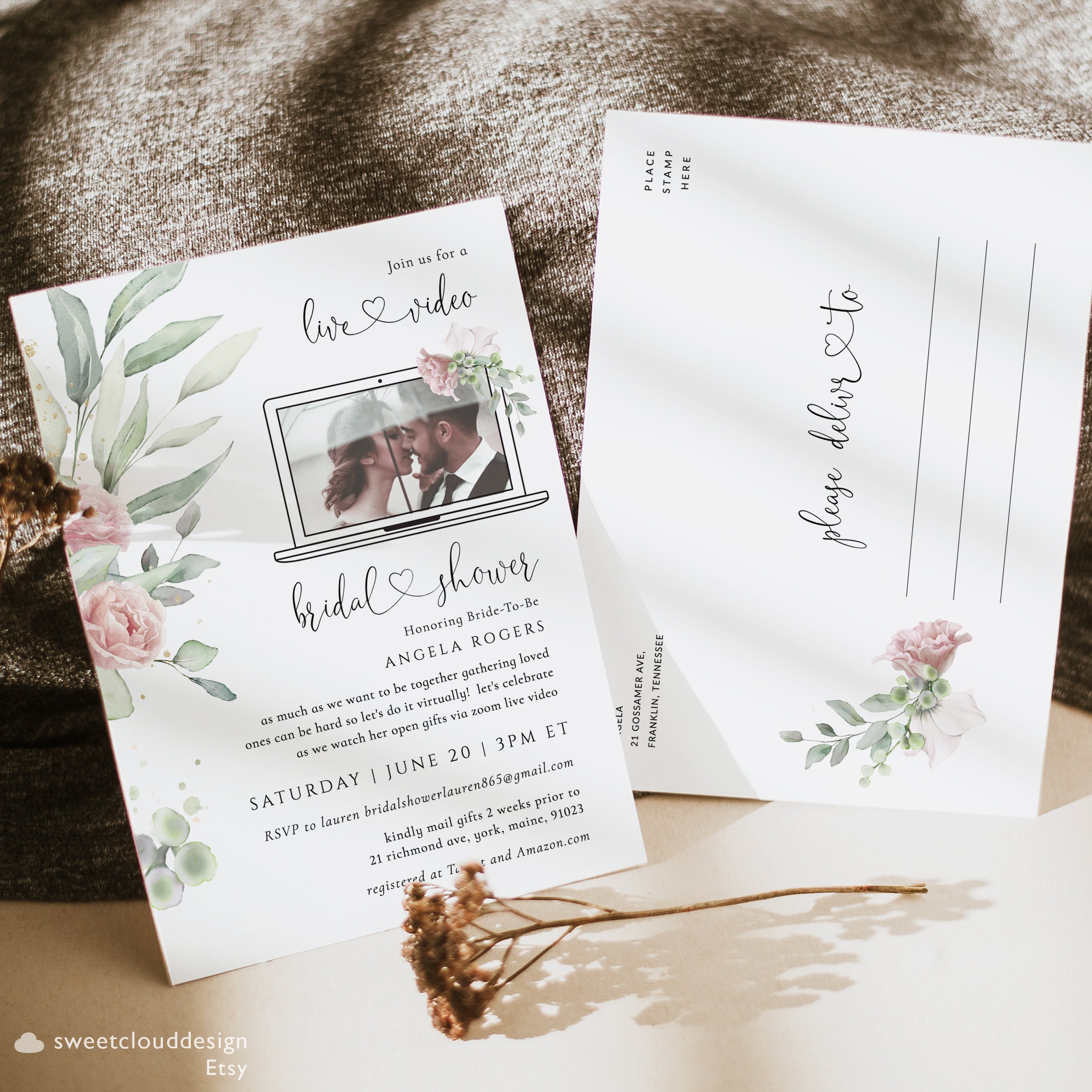 Blush Photo Virtual Bridal Shower Invitation Templatefloral - Etsy