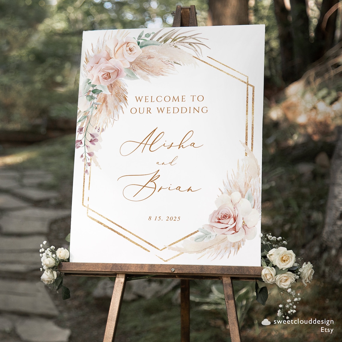 Blush Boho Welcome Wedding Sign Gold Frame Pampas Grass Welcome Sign ...