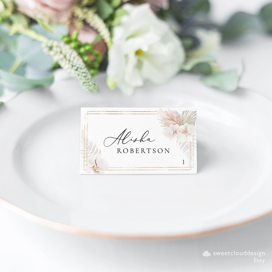 Boho Place Card Gold Frame Name Card Pampas Grass Table Name Card ...