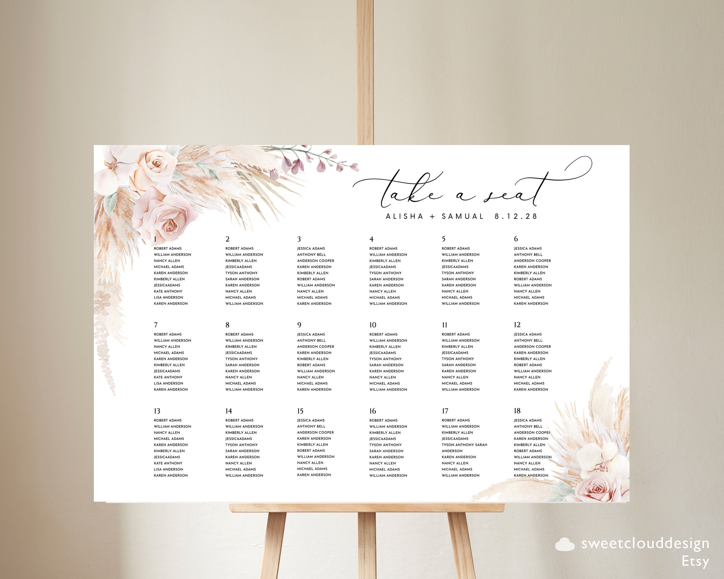 Blush Floral Pampas Grass Seating Chart Template, Boho Seat Chart ...