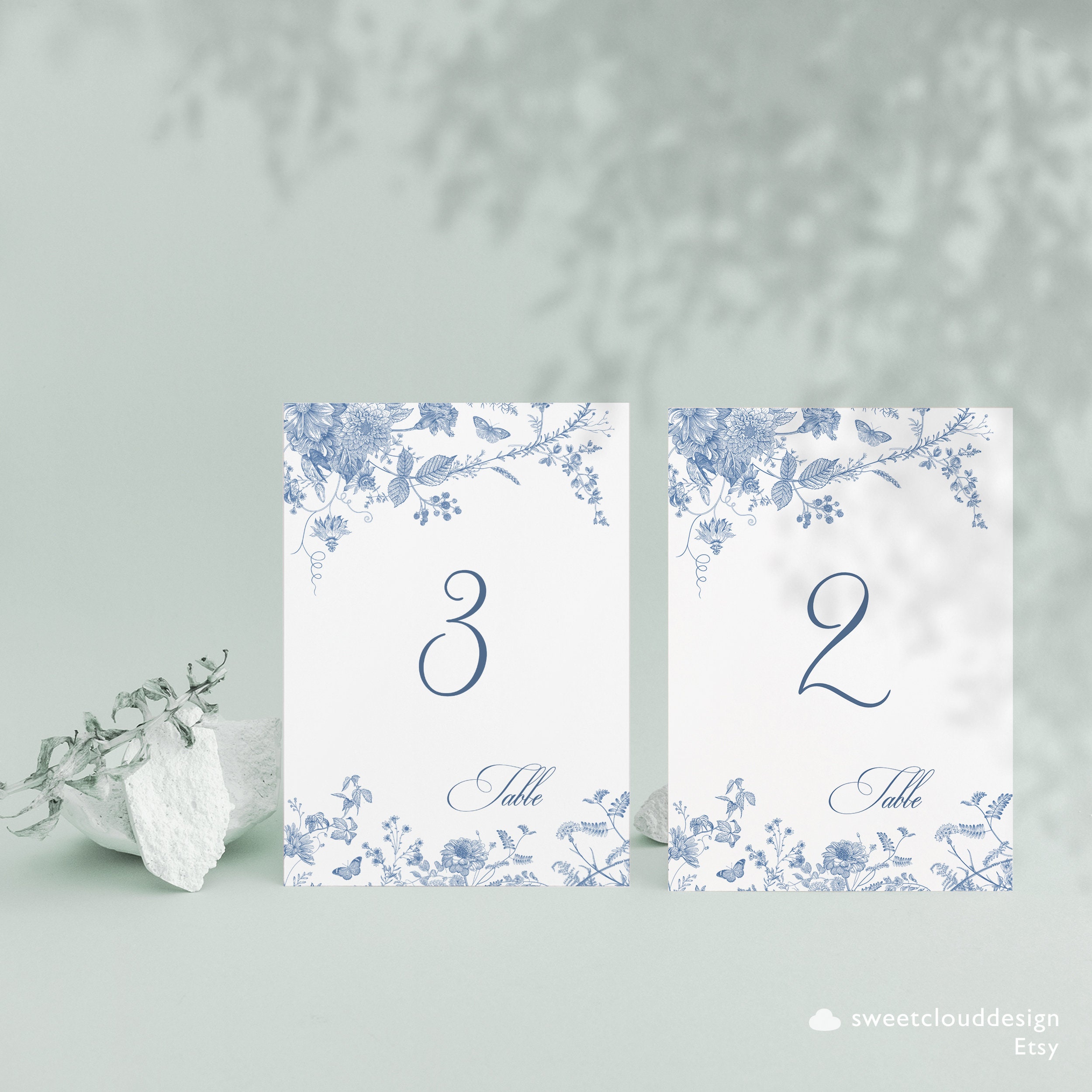 Dusty Blue Flower Table Number Template Steel Blue Floral Wedding Table ...