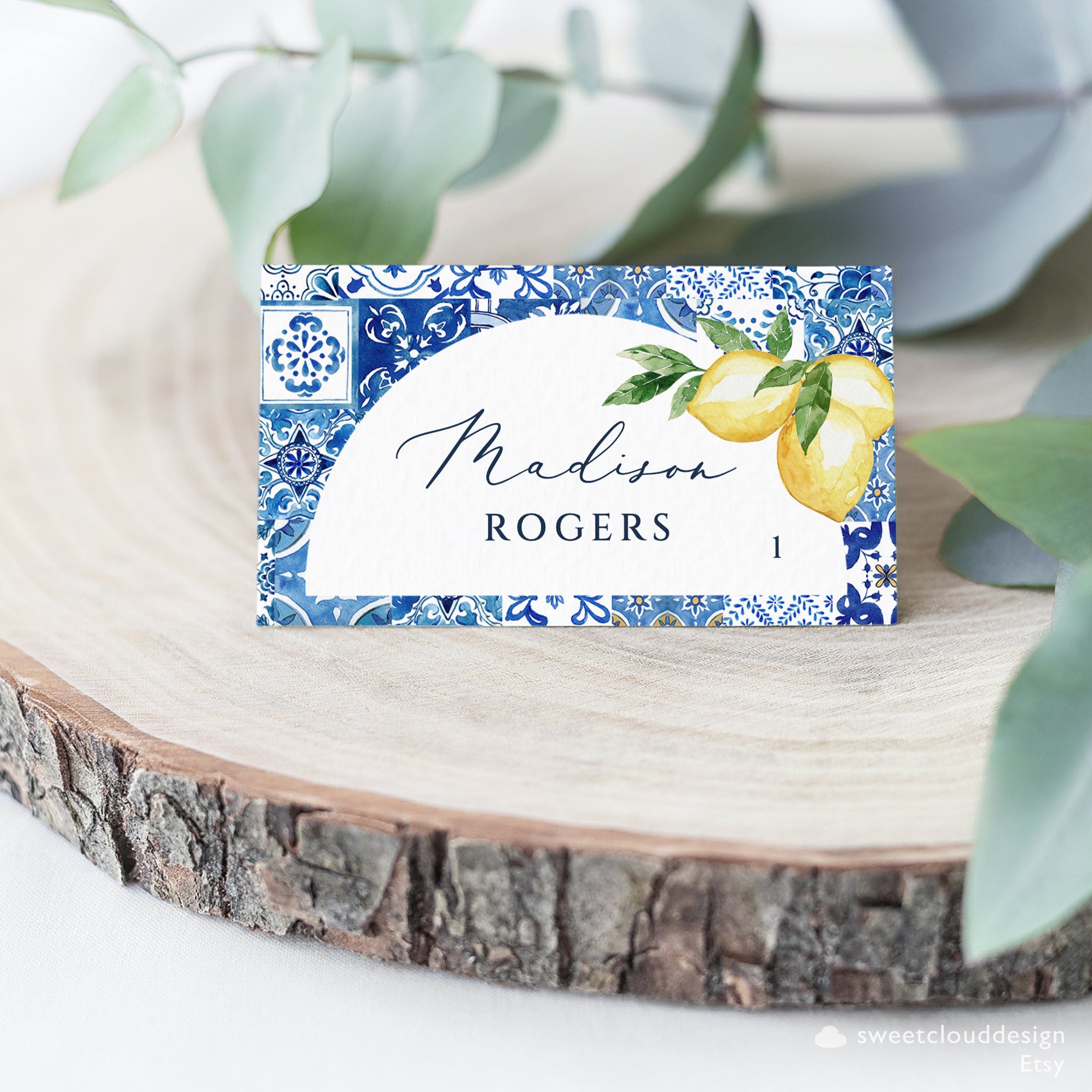 Lemon and Blue Tile Place Cards Template Lemon and Tile Arch Table Name ...