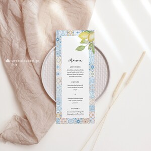 Lemon and Blue Tile Wedding Menu Template Italy Blue Tile Table Menu ...