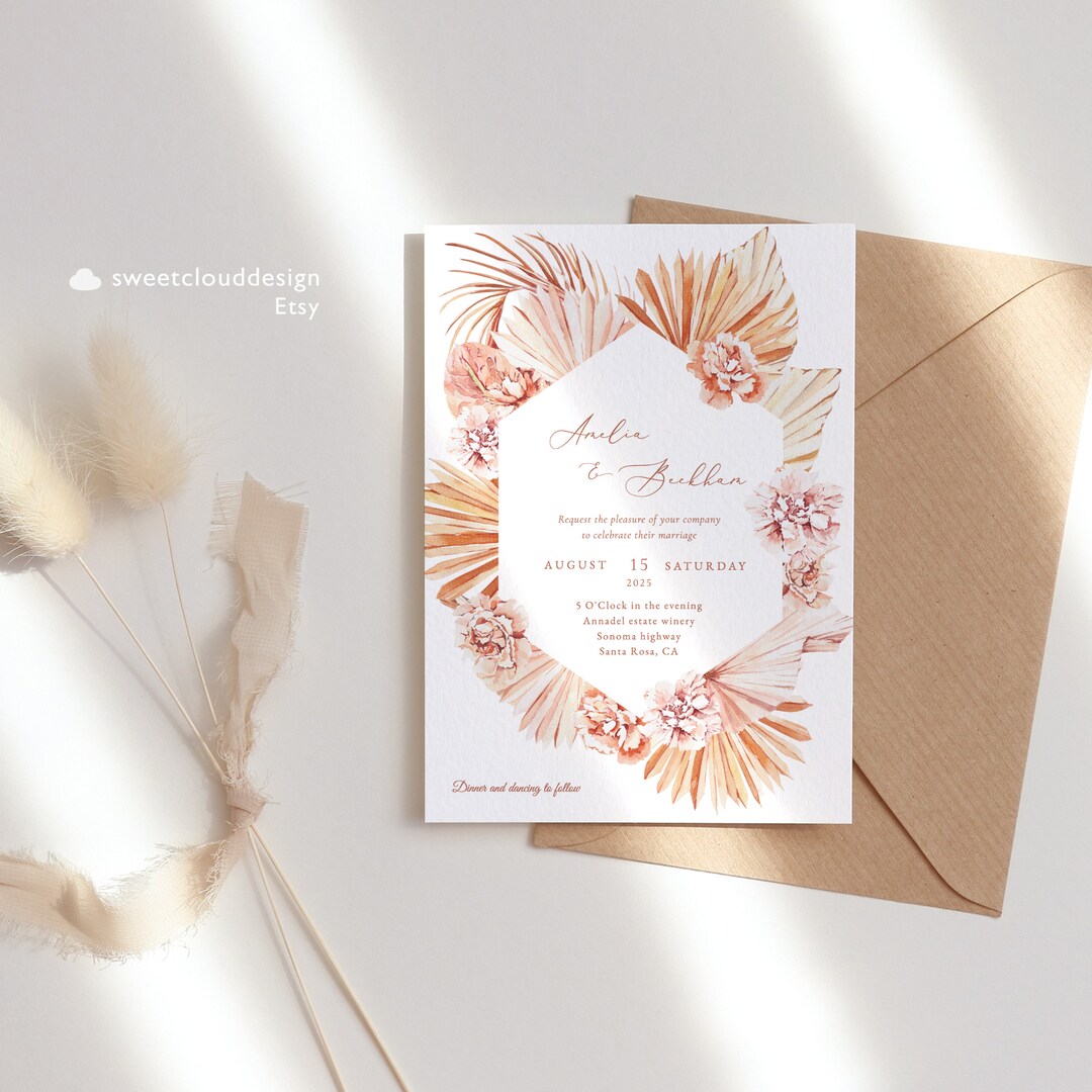 Boho Wedding Invitation Boho Invitation Set Orange Palm Leaf Invitation ...