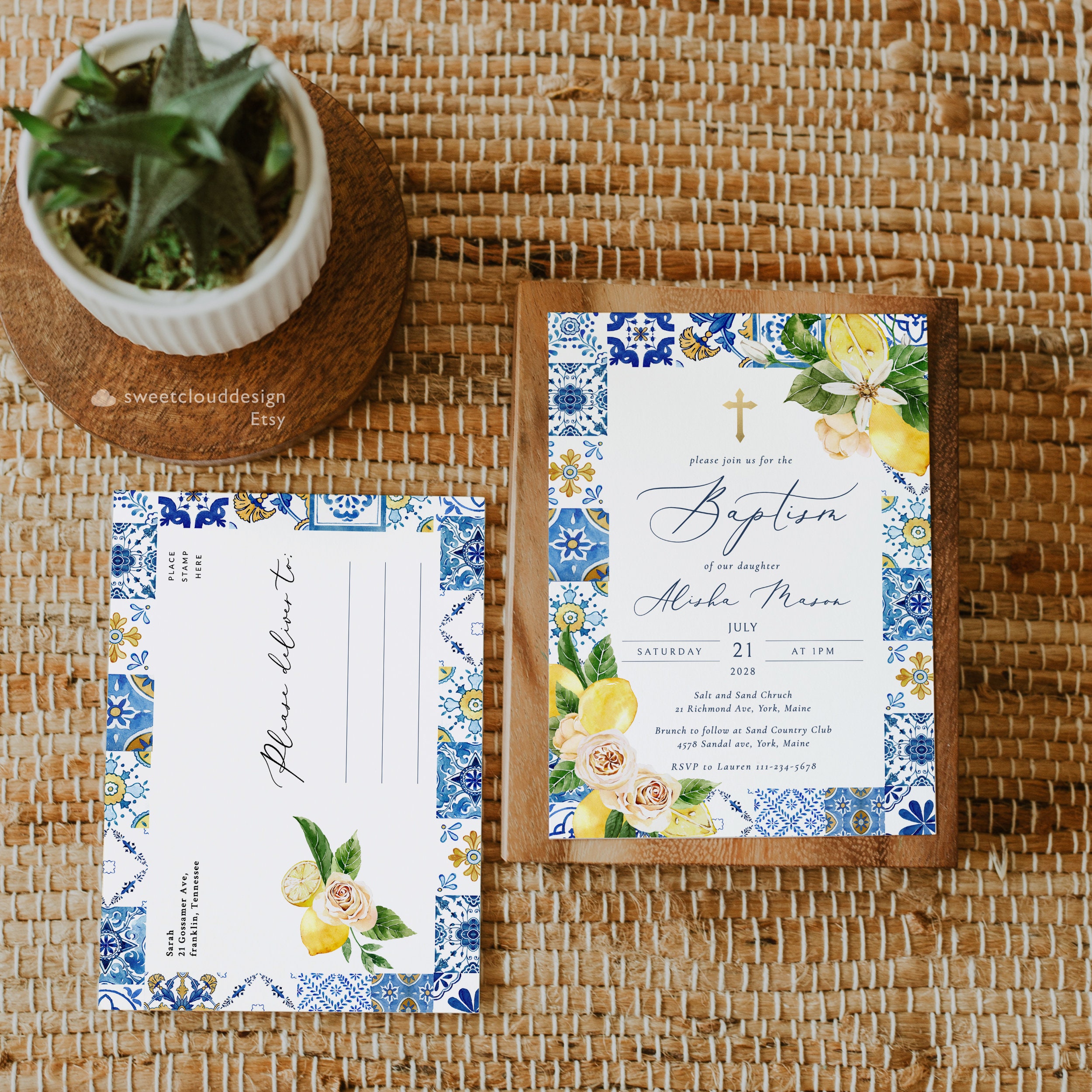 Blur Tile Baptism Invitation Template Mediterranean Lemon - Etsy
