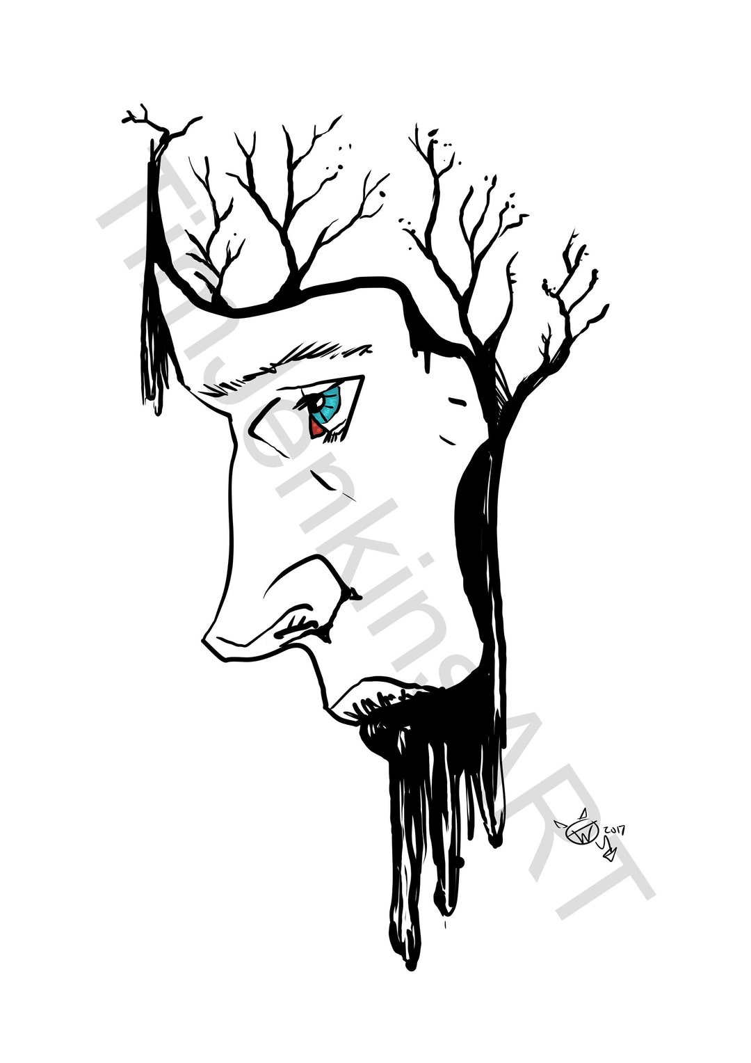 Weird Surreal Face Portrait Forest Ink Drawing Art A4 Print satin ...