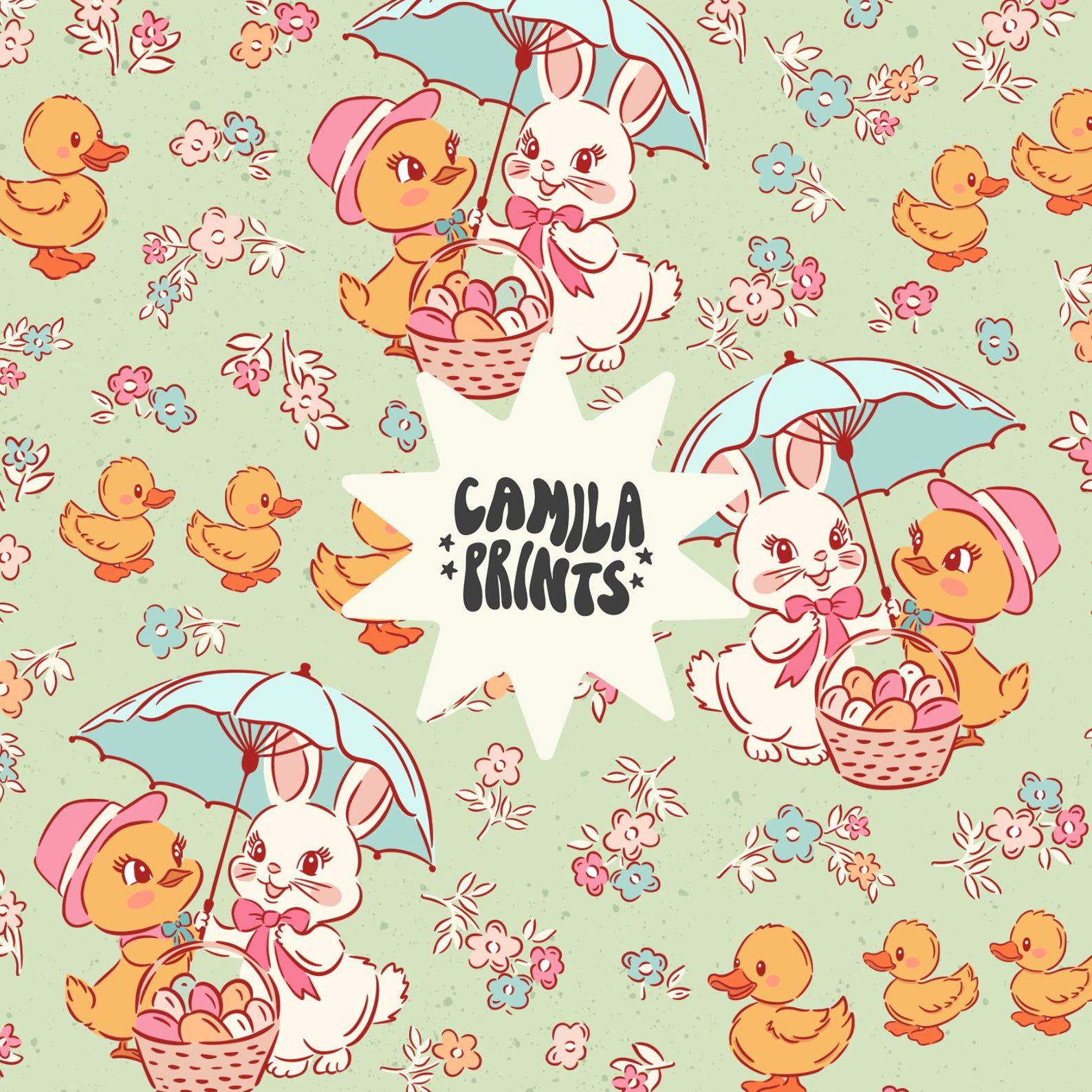 Easter Bunny and Chicks Seamless Pattern Retro Spring Floral Repeat ...