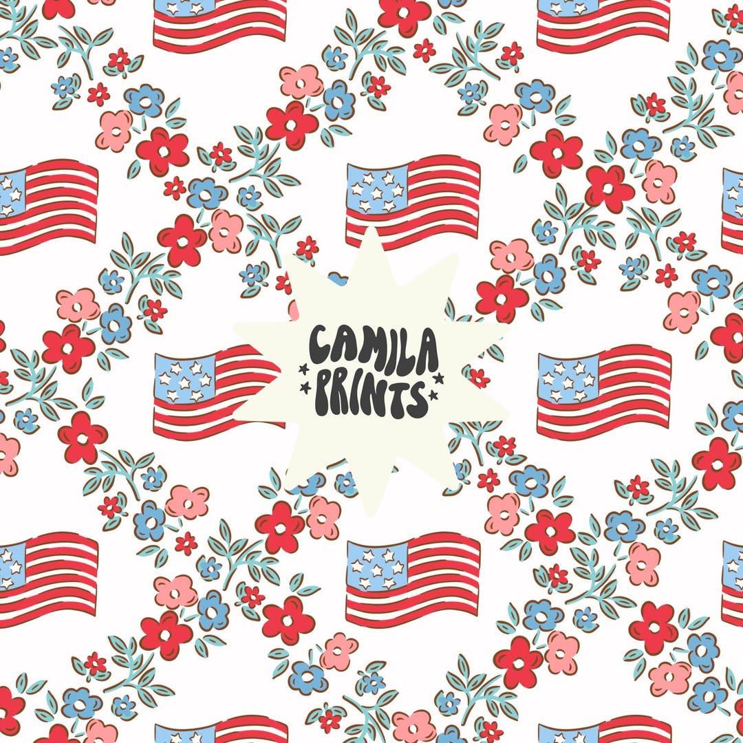 Preppy 4th July Seamless File Flags and Flowers Repeat Pattern for ...