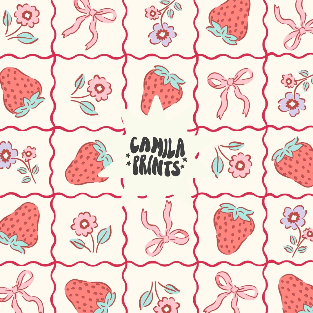 Strawberry Flowers Seamless Pattern Bows Checkerboard Pattern File for ...