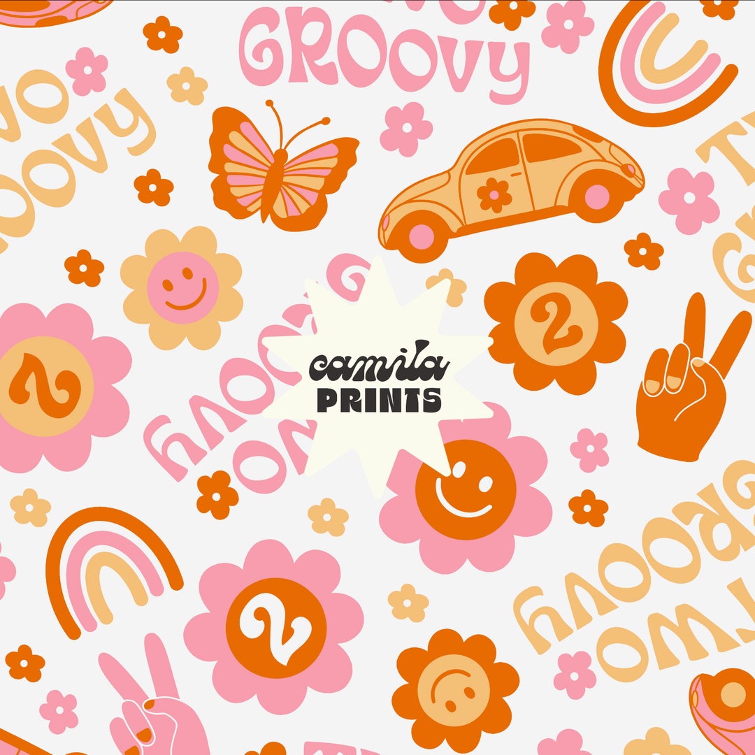 Two Groovy 2nd Birthday Seamless File Groovy Hippie Party Seamless ...