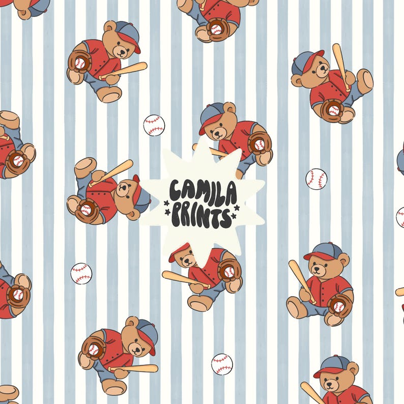 Baseball Pattern Teddy Bear Stripes Seamless Repeat Pattern for Fabric ...