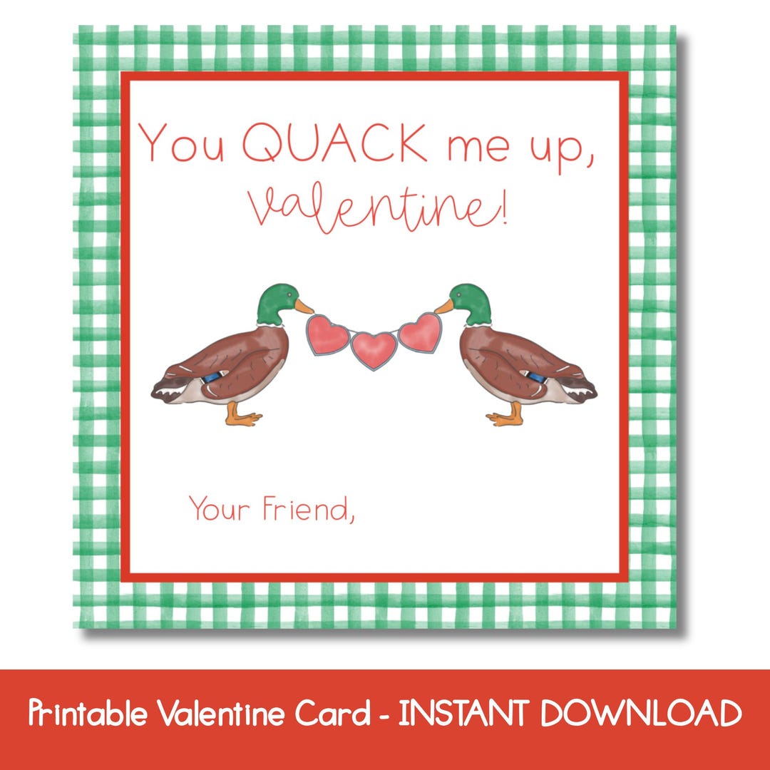 Duck Valentine Card for Kids | 'you Quack Me Up' Printable (instant ...
