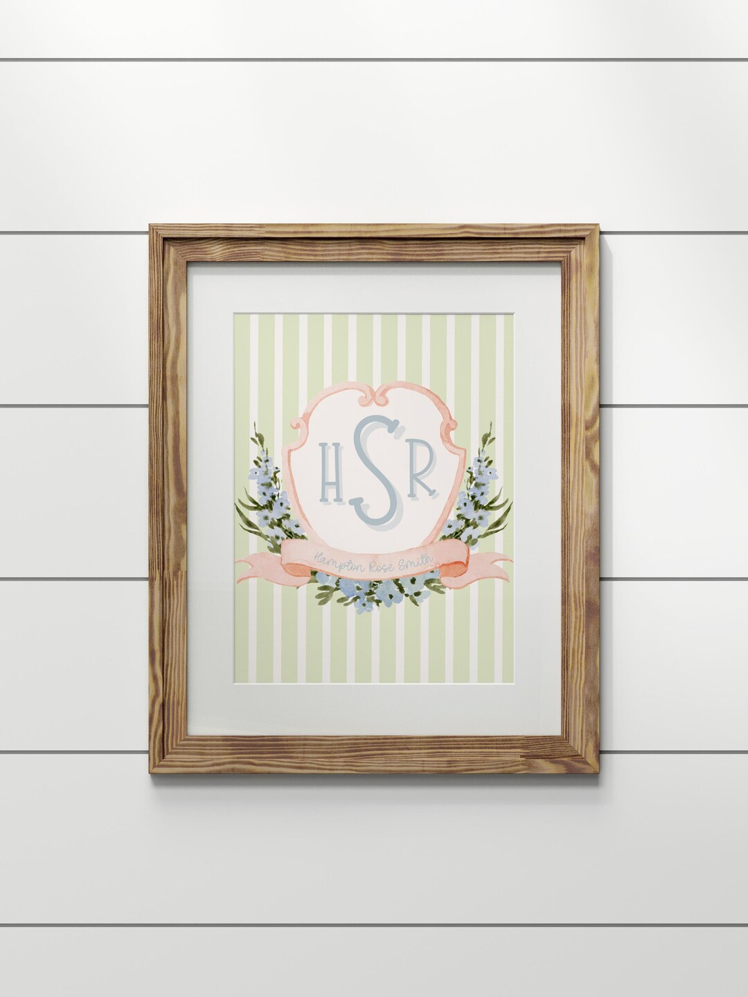 Printable Monogrammed Crest With Green Stripe Floral Design – Custom ...