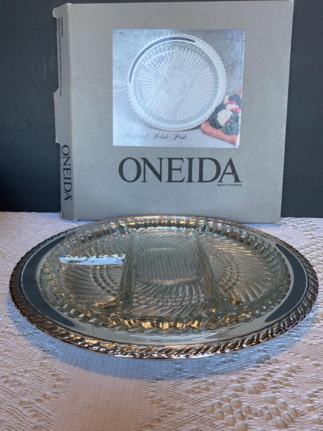 Oneida Silver Plate Tray With Crystal Relish/canape Plate Insert ...