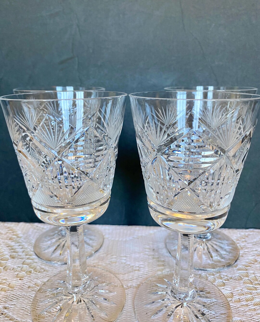 Mid-century Cut Crystal Pattern Wine Glasses Set of Four 4 - Etsy