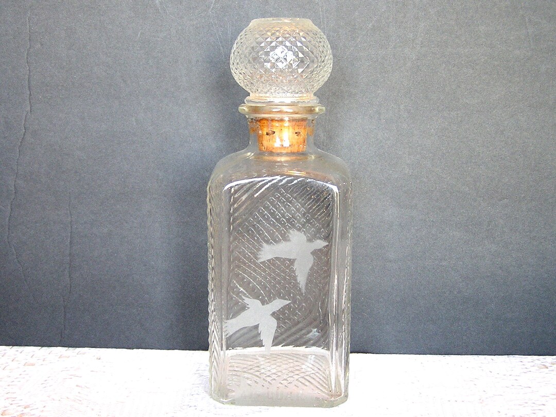 Vintage Glass Etched Birds Whiskey Decanter - Etsy