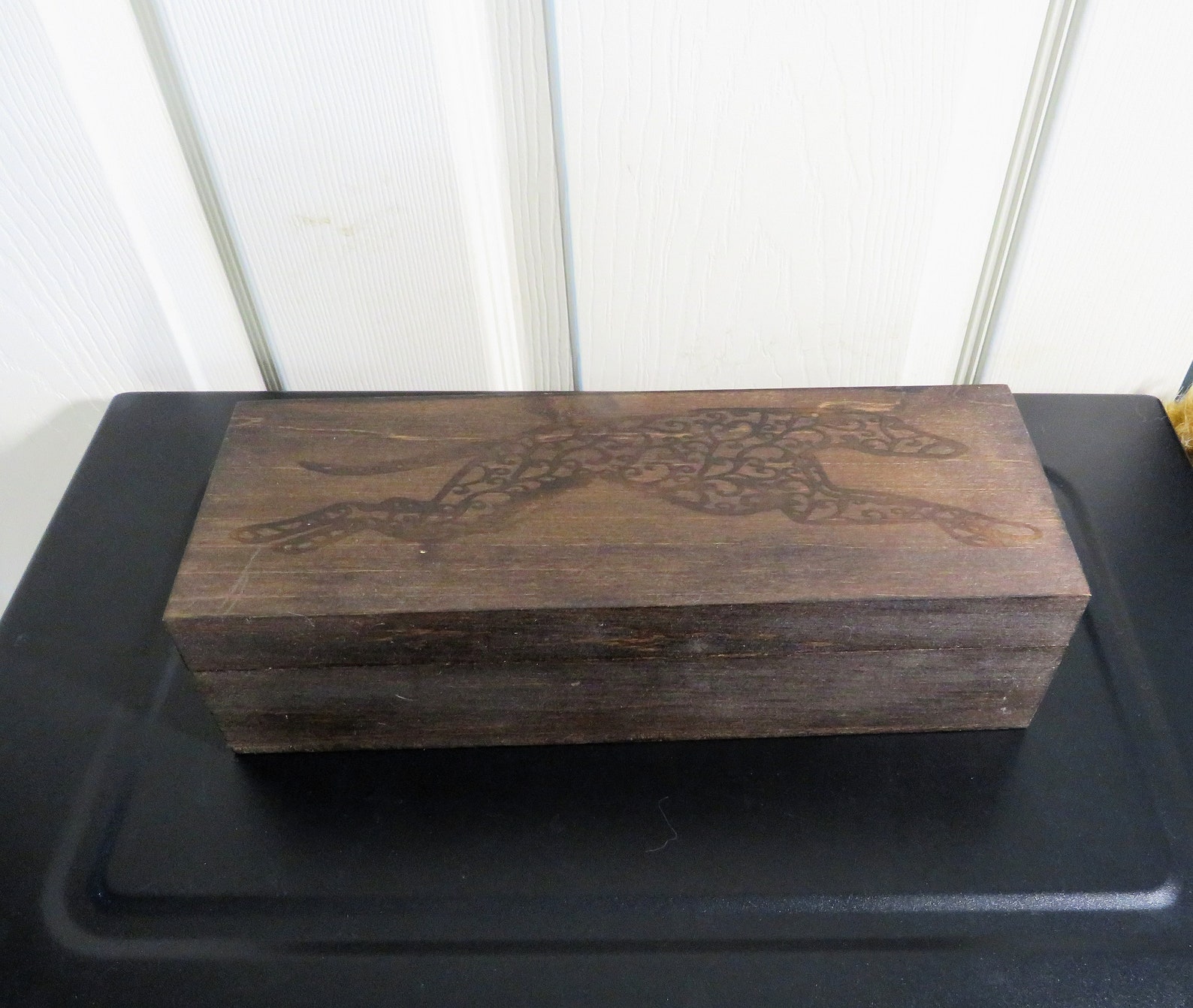 Greyhound Box, Stained & Wood Burn, Wood Trinket Box 10-3/4 X 3 X 3-3/4 ...