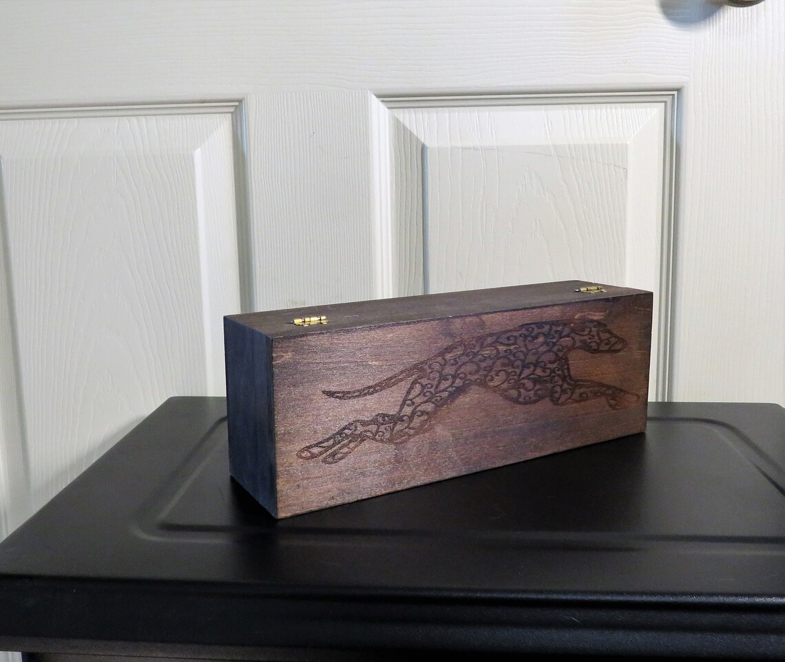 Greyhound Box, Stained & Wood Burn, Wood Trinket Box 10-3/4 X 3 X 3-3/4 ...