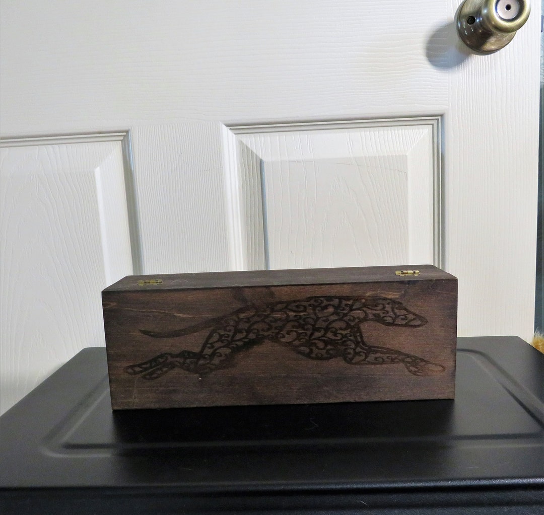 Greyhound Box, Stained & Wood Burn, Wood Trinket Box 10-3/4 X 3 X 3-3/4 ...