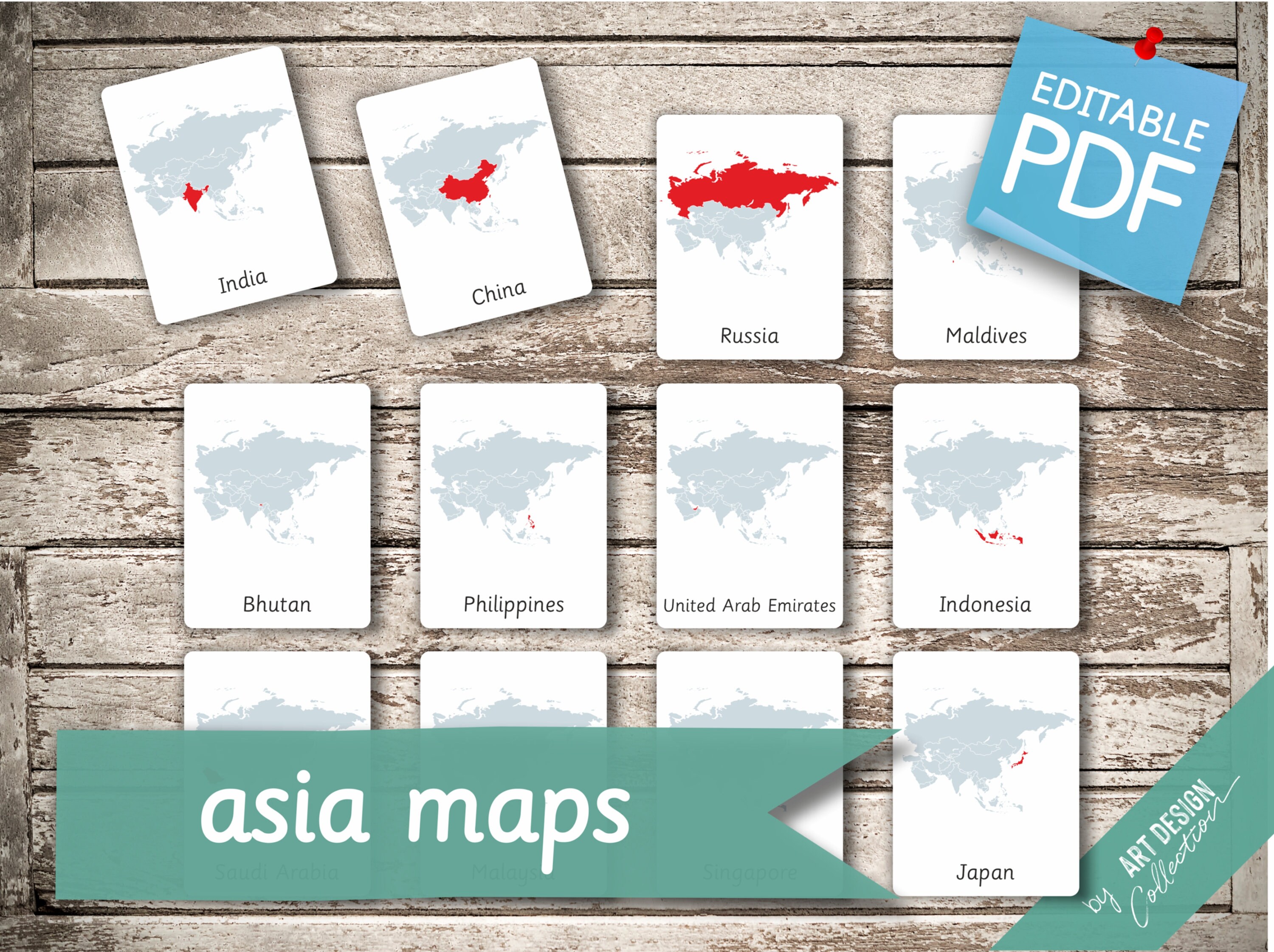 BUNDLE ASIA Flags Maps 48 Montessori Cards Flash Cards | Etsy