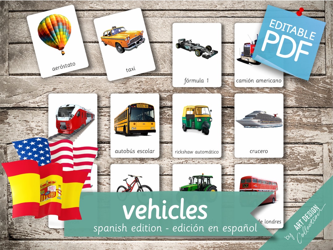 VEHICLES SPANISH Edition • 62 Spanish and 62 English Montessori Cards ...