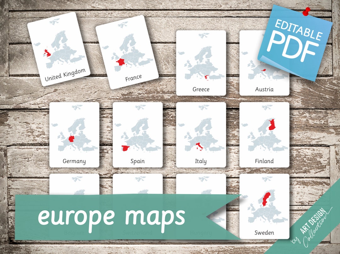 EUROPE MAPS 57 Editable Montessori Cards Flash Cards Nomenclature ...