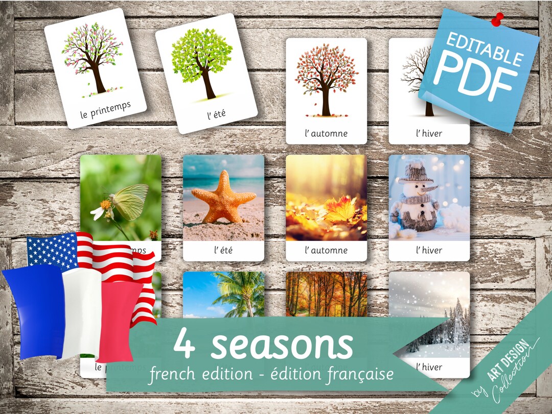 4 SEASONS FRENCH Edition • 36 French and 36 English Editable Montessori ...