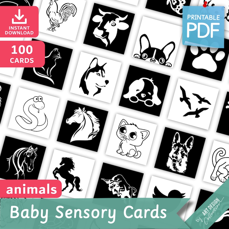 100 BABY SENSORY CARDS Animals Montessori Cards High - Etsy