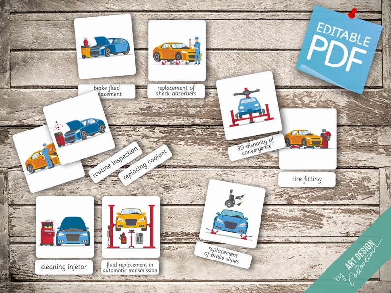 CAR SERVICE • 14 Montessori Cards • Flash Cards Nomenclature Flashcards ...