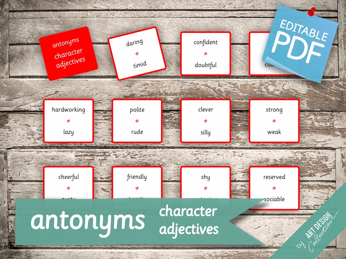 ANTONYMS Character Adjectives 29 Montessori Cards Flash - Etsy