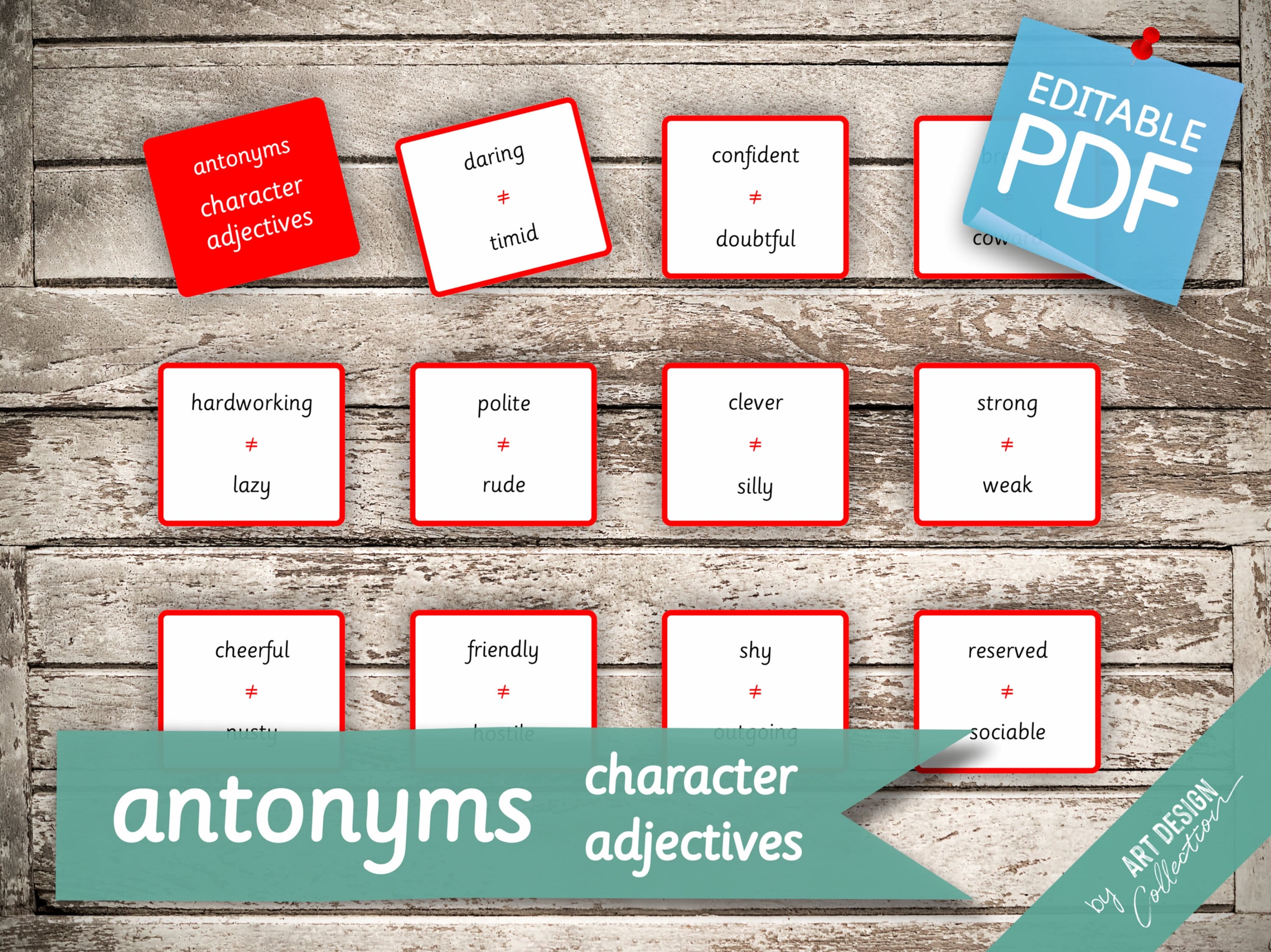 ANTONYMS Character Adjectives • 29 Montessori Cards • Flash Cards ...