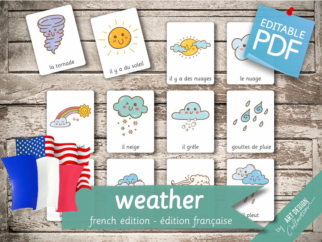 WEATHER FRENCH Edition • 26 French and 26 English Editable Montessori ...