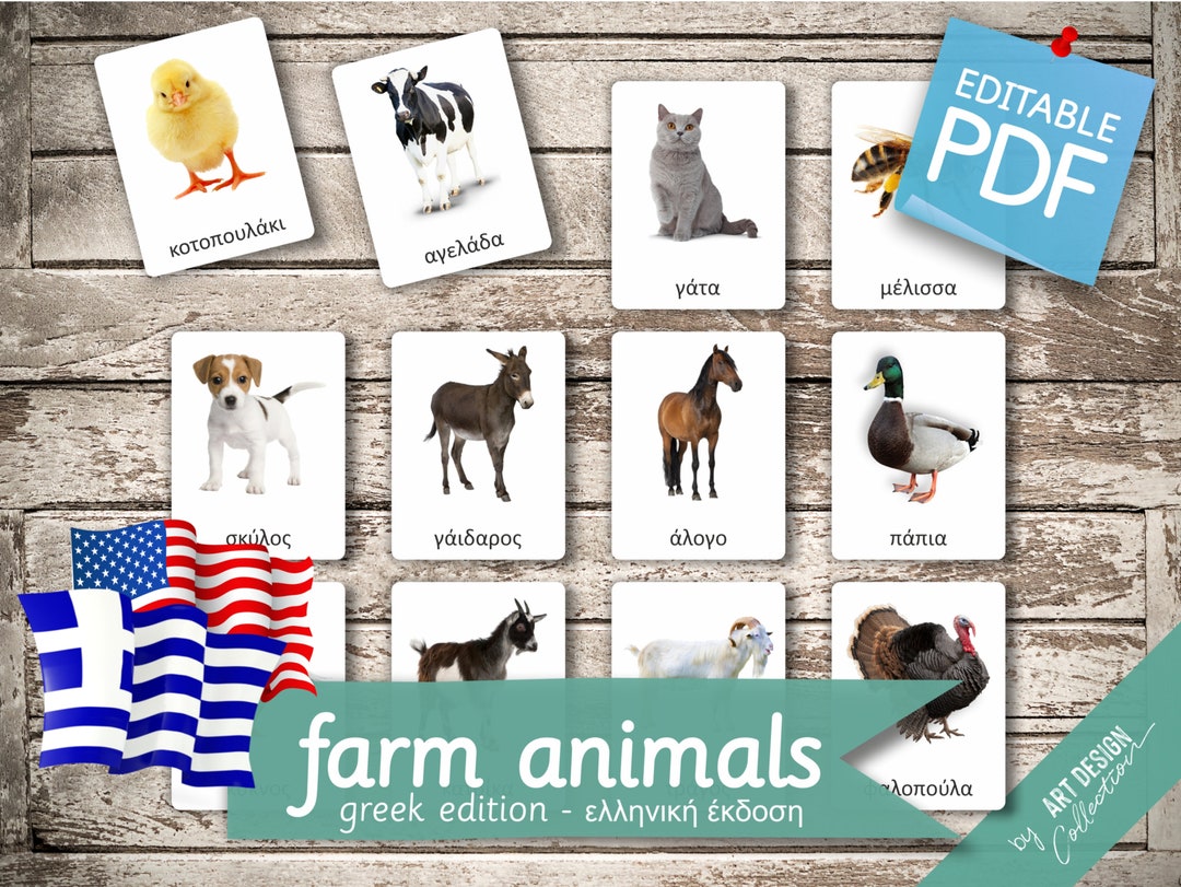 FARM ANIMALS GREEK Edition • 22 Greek and 22 English Editable ...