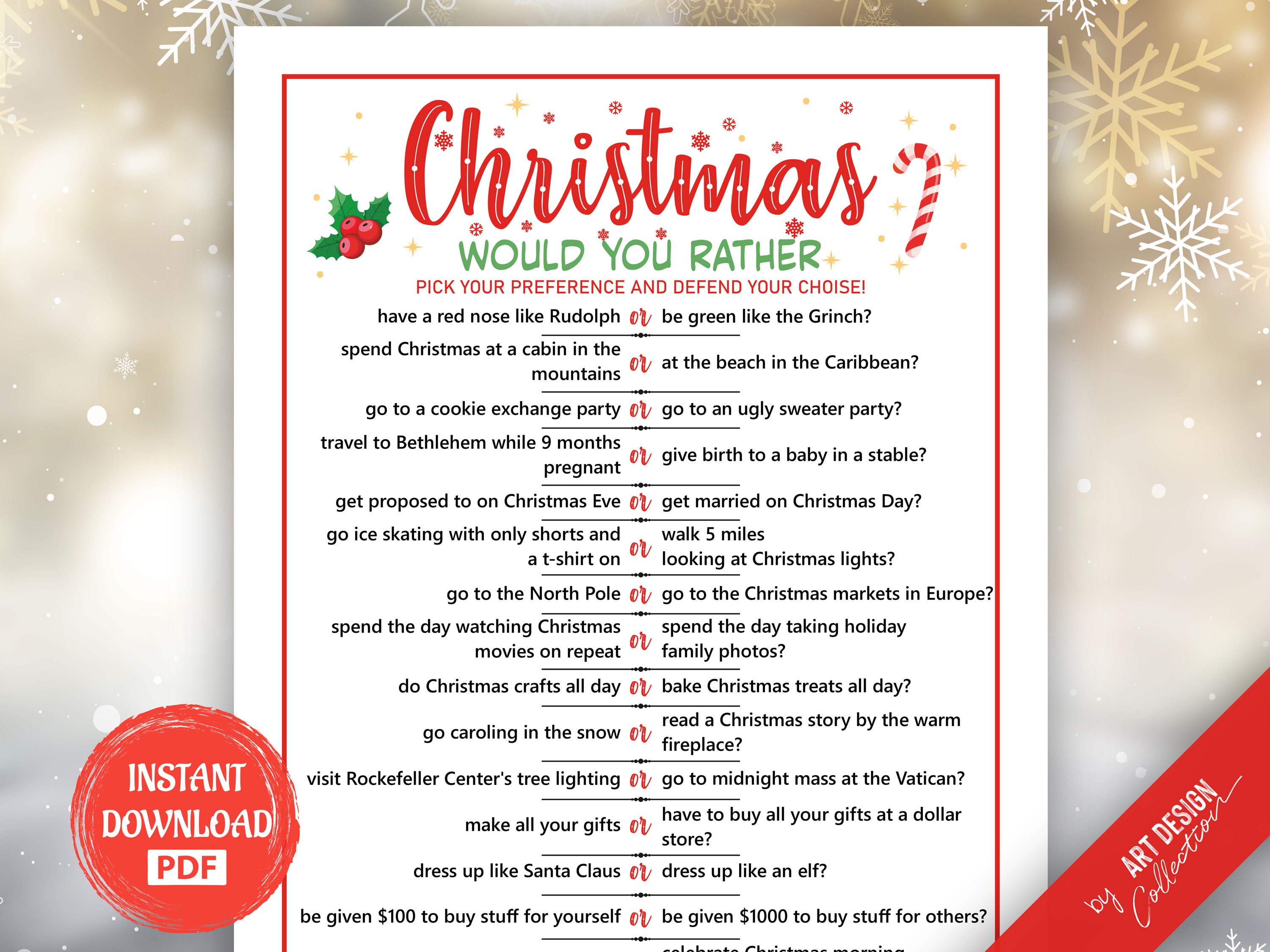 CHRISTMAS WOULD You RATHER Game Christmas Game Holiday - Etsy