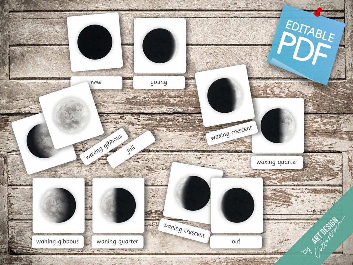 MOON PHASES • 10 Editable Montessori Cards • Flash Cards Nomenclature ...