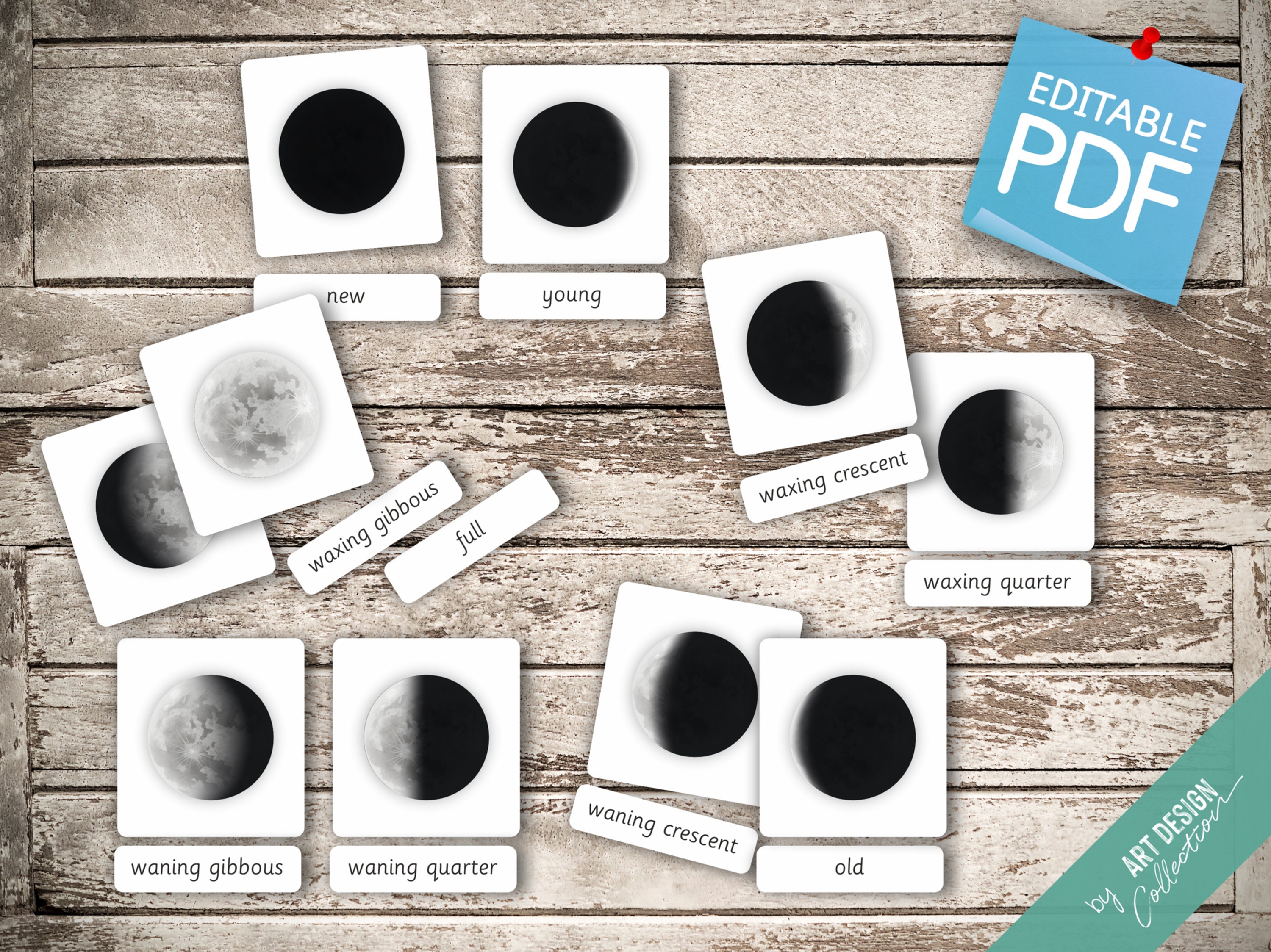 MOON PHASES 10 Editable Montessori Cards Flash Cards | Etsy