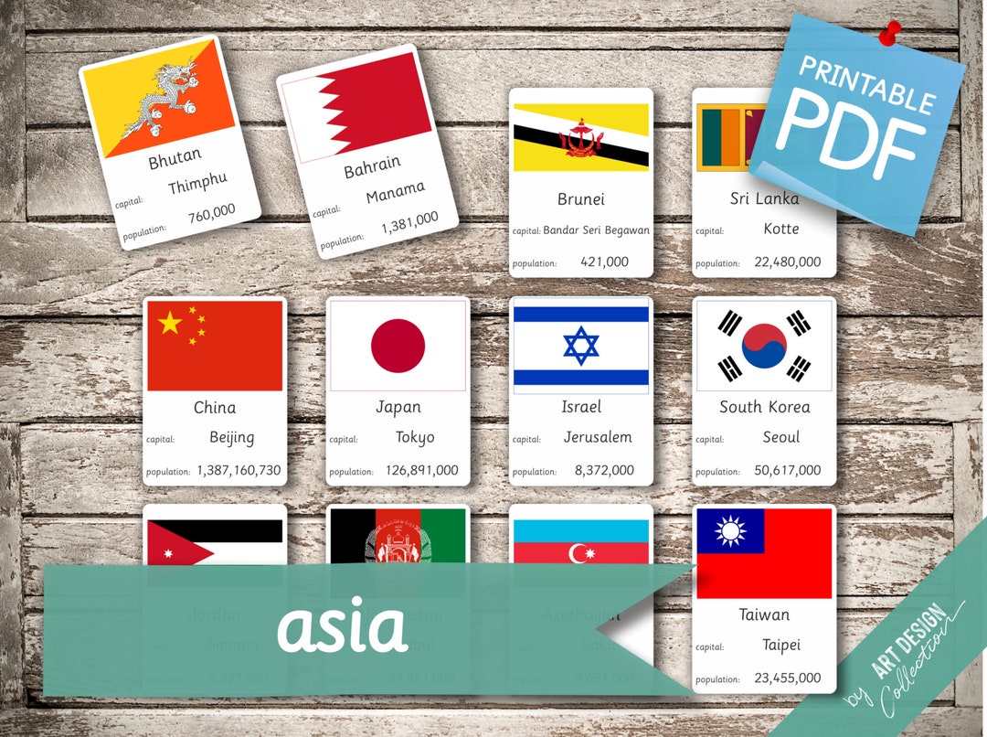 ASIA FLAGS • 48 Montessori Cards • Flash Cards Nomenclature Flashcards ...