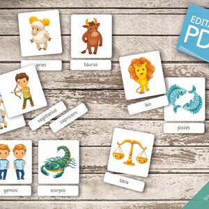 ZODIAC SIGNS • 48 Editable Montessori Cards • Flash Cards Nomenclature ...