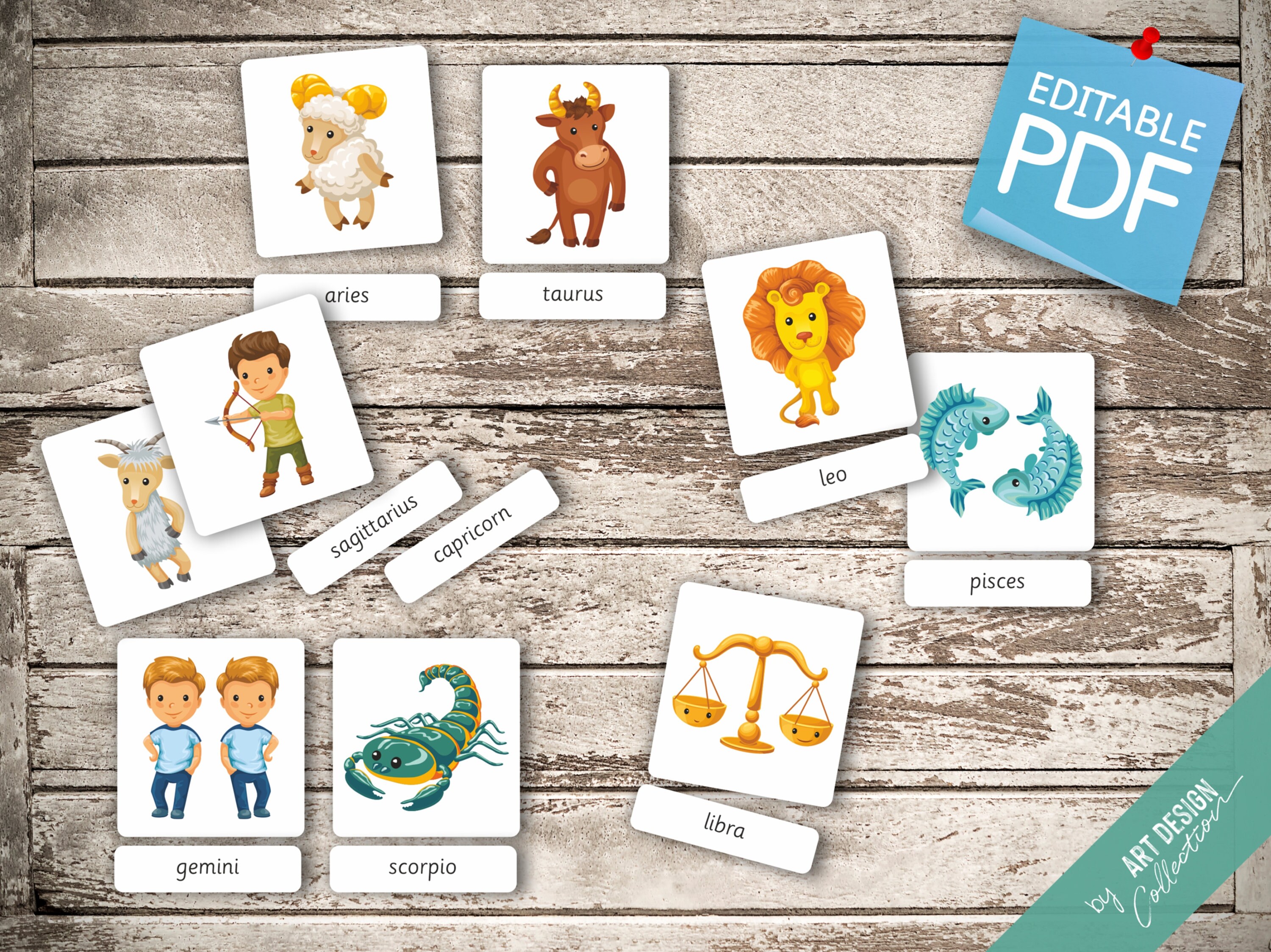 ZODIAC SIGNS • 48 Editable Montessori Cards • Flash Cards Nomenclature ...