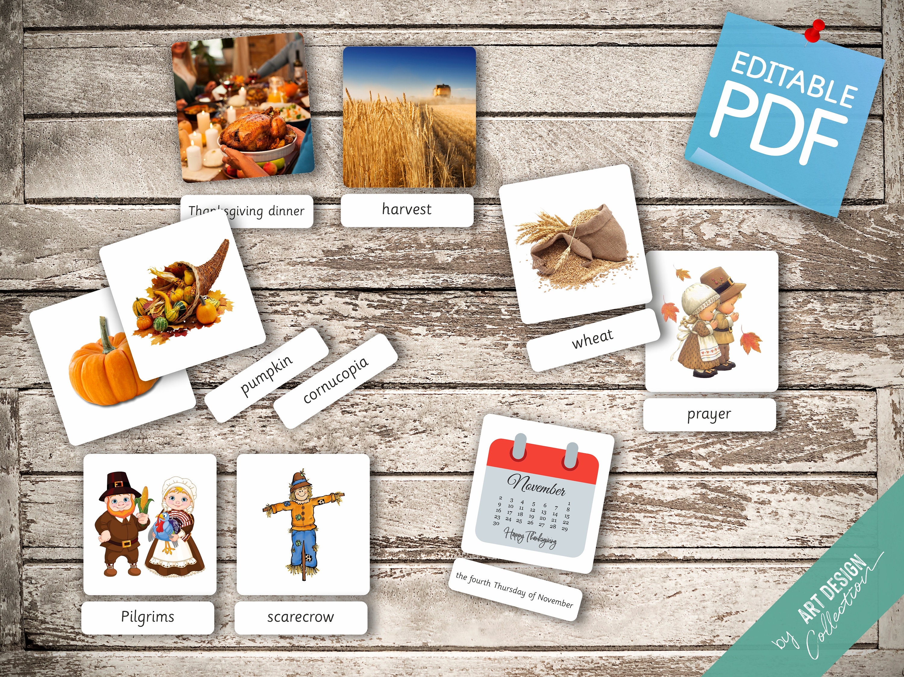 THANKSGIVING Vocabulary • 32 Editable Montessori Cards • Flash Cards ...