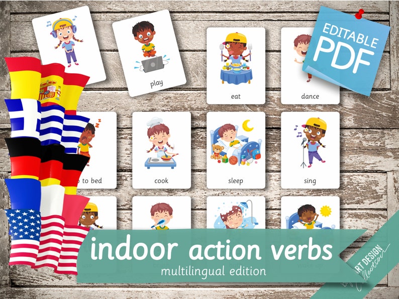 INDOOR ACTION VERBS Multilingual Edition 20 English French | Etsy