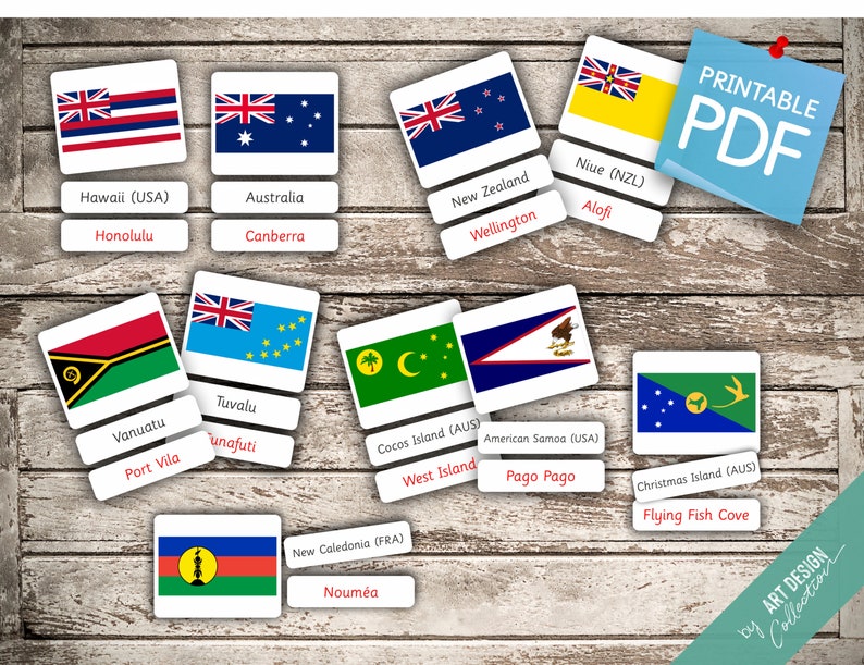 OCEANIA FLAGS • 31 Montessori Cards • Flash Cards Nomenclature ...
