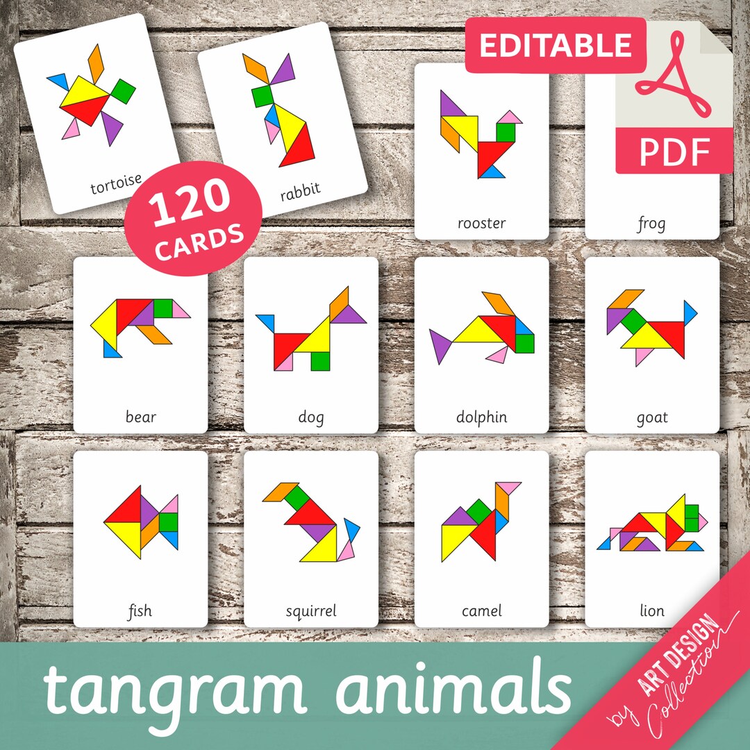 TANGRAM ANIMALS 120 Montessori Cards Flash Cards Nomenclature ...