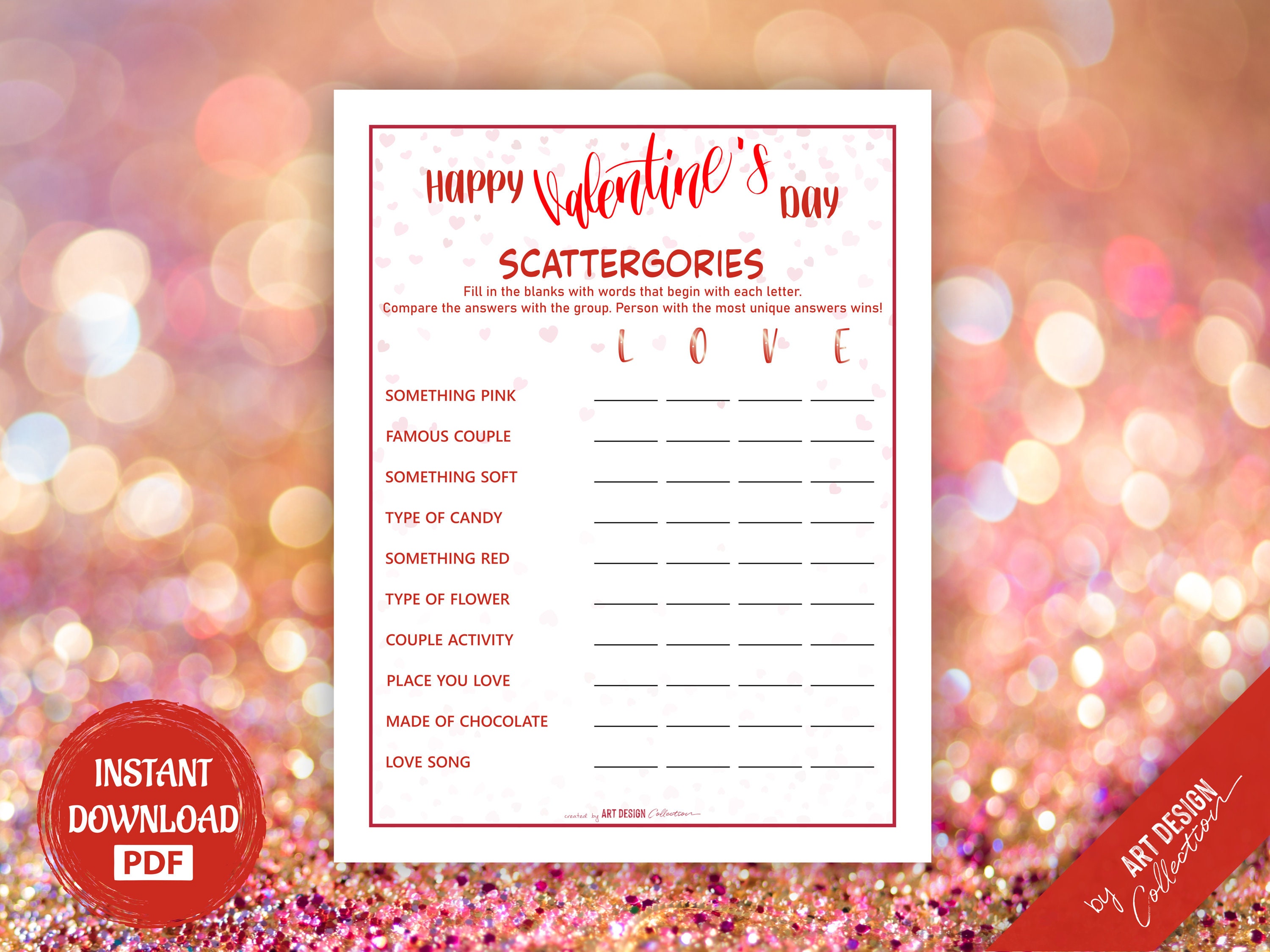 VALENTINE'S Scattergories LOVE Game Valentines Day Game - Etsy