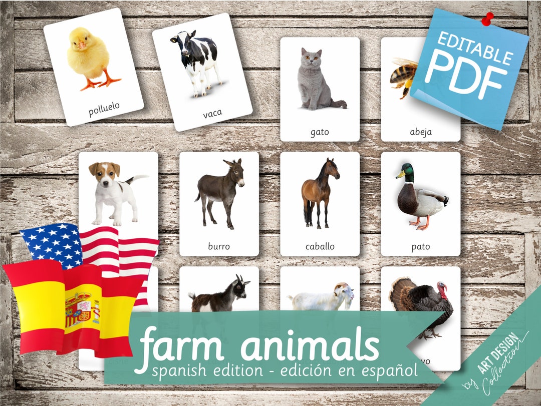 FARM ANIMALS SPANISH Edition • 22 Spanish and 22 English Editable ...