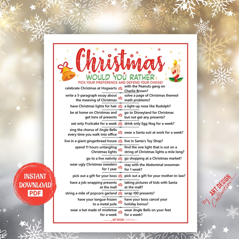 CHRISTMAS WOULD You RATHER Game • Christmas Game Holiday Christmas ...
