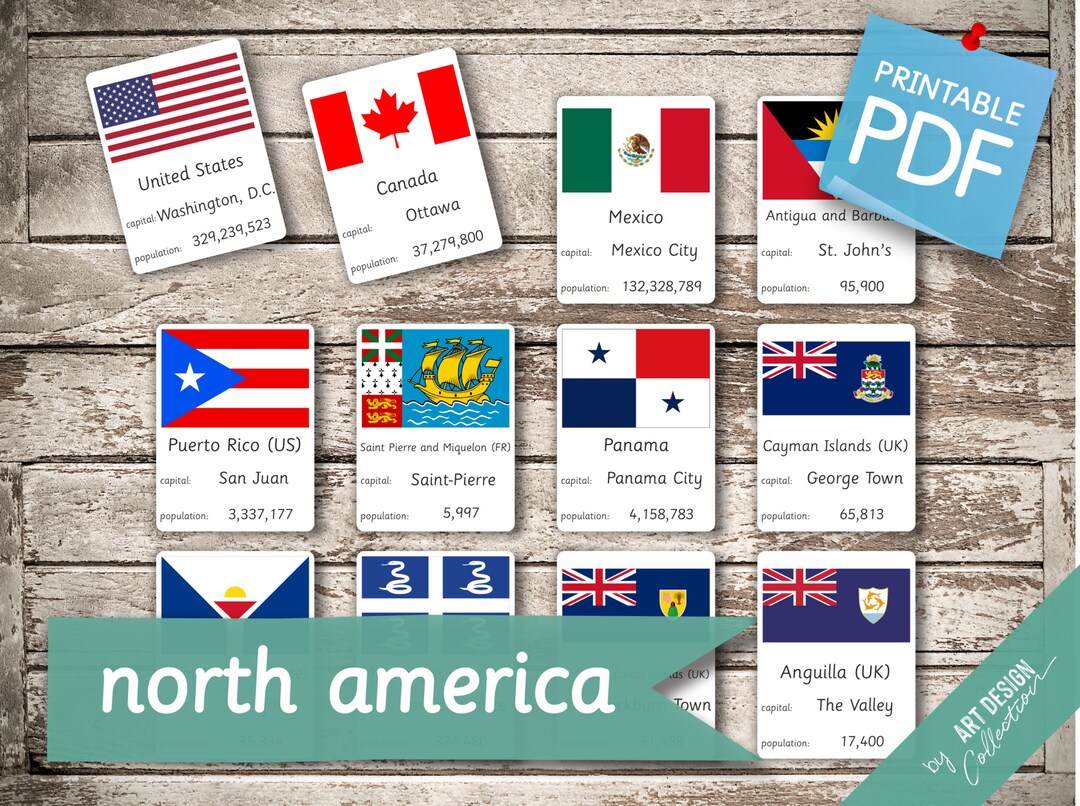 NORTH AMERICA FLAGS • 41 Montessori Cards • Flash Cards Nomenclature ...