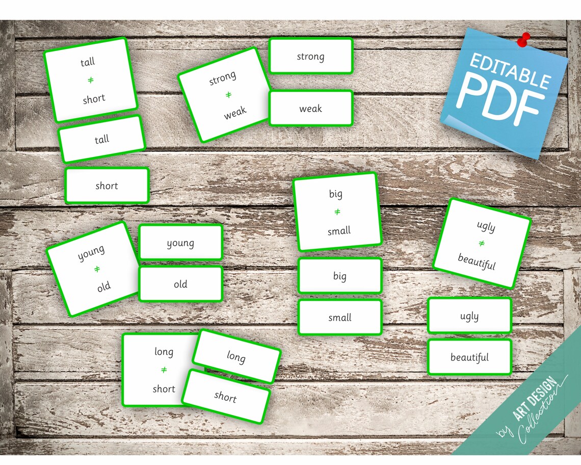 ANTONYMS Physical Appearance 19 Montessori Cards Flash - Etsy