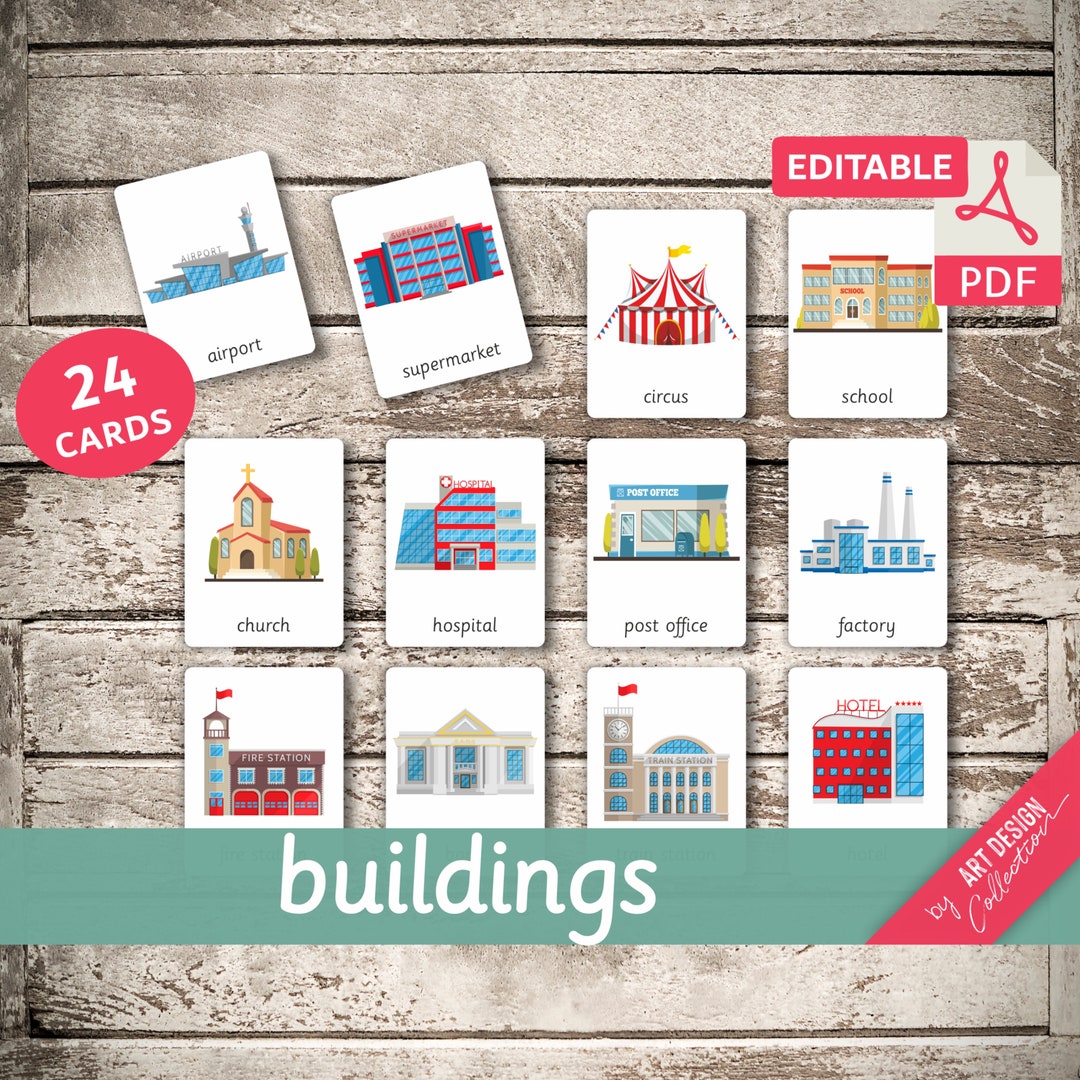 BUILDINGS • 24 Montessori Cards • Flash Cards Nomenclature Flashcards ...